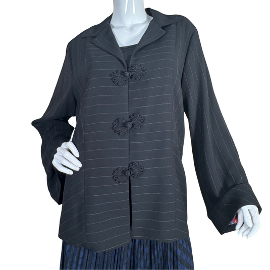 Harari Black Pinstripe Jacket with Embroidered Knot Closures – ShopYWCA